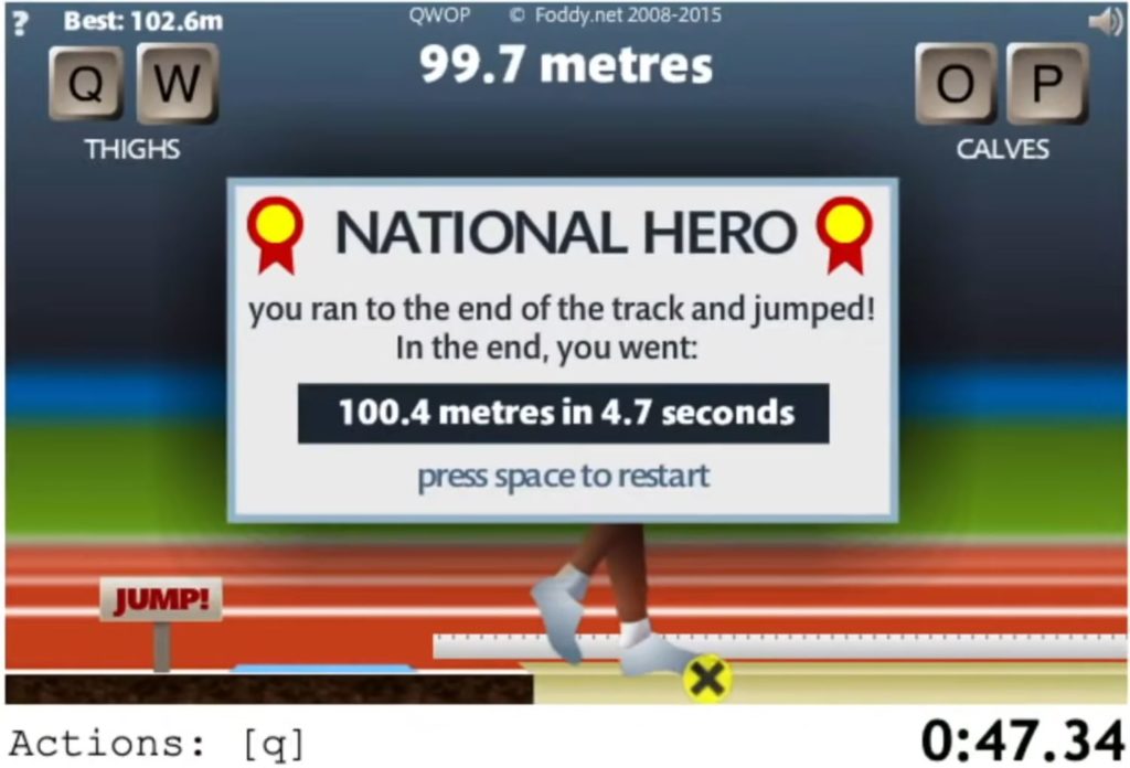 AIが激ムズ100メートル走ゲー『QWOP』の人類の世界記録を抜く。人間の元世界記録保持者を教師とし、独学と模倣の果てに大記録を達成